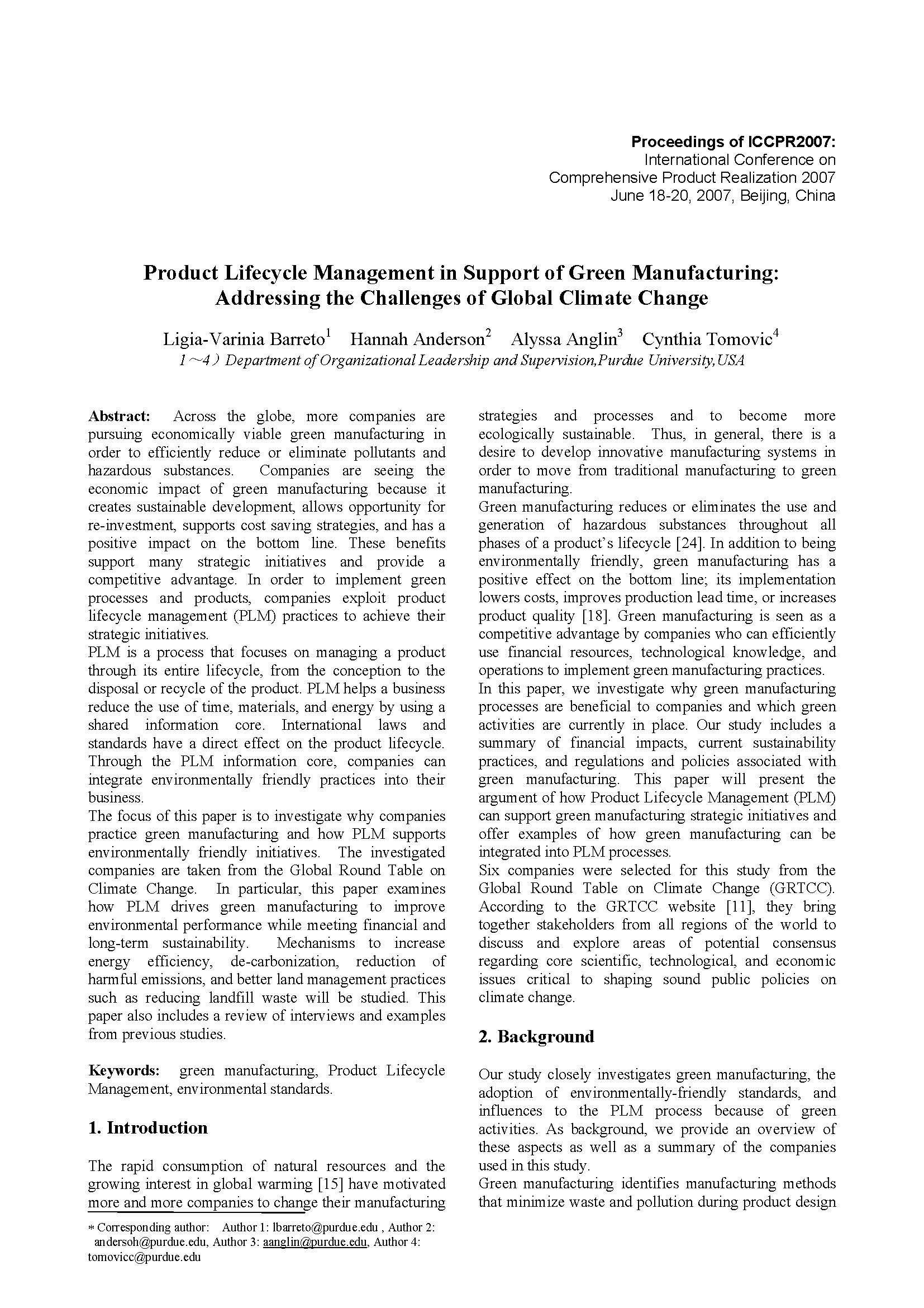 Product Lifecycle Management in Support of Green Manufacturing - PLM ...